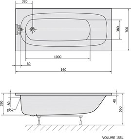 Polysan, LAURA obdélníková vana 160x70x39cm, bílá, 24611