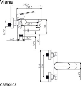 Mereo Mereo, Vanová nástěnná baterie, Viana, bez příslušenství, 150 mm, chrom, CBE90103