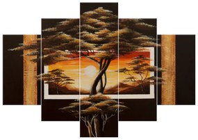 Gario Ručně malovaný obraz Africká země a stromy - 5 dílný Rozměry: 150 x 105 cm