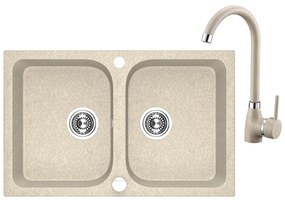 Laveo Celia, 2-komorový granitový dřez 760x480x184 mm + dřezová baterie s výlevkou ve tvaru U, béžová, LAV-SJCE420T