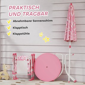 Dětská sedací souprava, 4dílná dětská sedací souprava s odnímatelným slunečníkem, dětský stolek se 2 skládacími židlemi, růžová barva