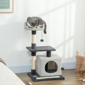 PawHut škrabadlo pro kočky 85 cm vysoké s domečkem, ležícím místem, sloupkem a škrabadlovou podložkou, šedé