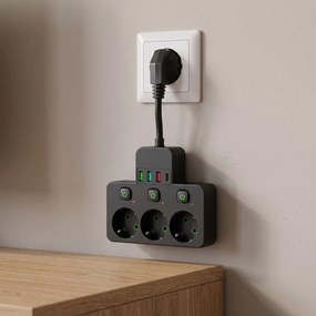 Toolight Toolight, JNH018, zásuvkový rozbočovač 3 zásuvky + 3× USB-A + USB-C s LED světlem, černá, OSW-56307