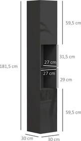 kleankin vysoká koupelnová skříňka se 2 skříňkami a nastavitelnými policemi + 2 niky 30 x 181,5 cm, černá