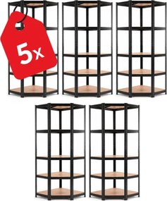Akce 5x Regál 180x90x40 cm rohový lakovaný 5-policový, nosnost 875 kg - černý