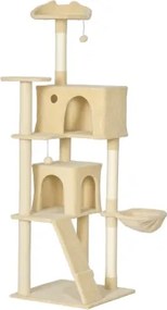 PawHut škrabadlo pro kočky 180 cm s platformami, postelí, 2 jeskyněmi, houpací sítí, žebříkem, sisalovými sloupy, béžová