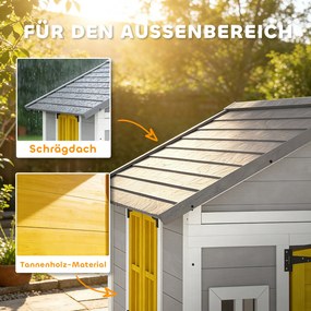 Outsunny dřevěný domeček do interiéru i exteriéru s dveřmi, okny, truhlíky a policemi — šedý, pro děti 3–8 let