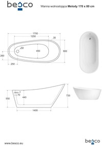 BESCO Volně stojící vana MELODY bílá Barva - Bílá, Barva sifonu - Bílá, Rozměr vany - 170 × 80 cm - VANMELODY170W