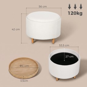 HOMCOM taburet Ø56 x 42 cm, kulatý čalouněný taburet s úložným prostorem a odklápěcím víkem, dřevěné nohy, ideální do obývacího pokoje a ložnice, bíl…