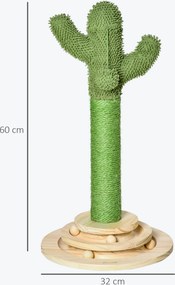 Škrabadlo pro kočky PawHut v designu kaktusu 60 cm z borovicového dřeva a sisalového provazu s dřevěnou kuličkovou hračkou v zelené barvě a přírodě |…