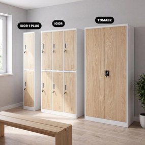 Šatní skříňka BHP, zaměstnanecká, jednotlivá, 2 schránky s tyčí, bílá/dub sonoma, 316,5x1850x450 mm: IGOR 1 Plus Eco Design