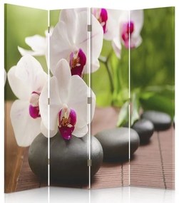 Ozdobný paraván, Orchidej a lesklé kameny - 145x170 cm, čtyřdílný, klasický paraván