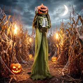 HOMCOM Animovaný vyskočivý dýňový kostlivec, 173 cm, strašidelná halloween dekorace se světlem a aktivací zvukem a dotekem