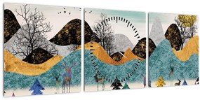 Grafický obraz s jeleny (s hodinami) (90x30 cm)
