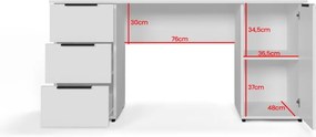 Bílý psací stůl Tivo 160 cm se skříňkou, zásuvkami a policemi - univerzální
