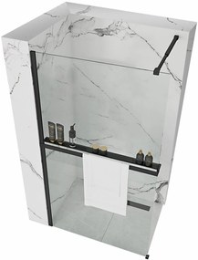 Bezrámová sprchová zástěna REA AERO 110 cm + police a věšák EVO, černá/transparent - bez vaničky