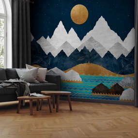 Fototapeta Kreslený horský krajinný obraz - noční krajina s horami, měsícem
