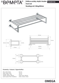Bemeta Design OMEGA: Držák ručníků, 600 mm, dvojitý, s hrazdou -