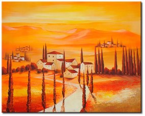 Obraz Teplo Toskánsko (1dílný) - oranžová krajina s domy a cestou