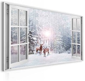 Malvis ® Obraz okno jeleni v zimě Velikost (šířka x výška): 30x20 cm
