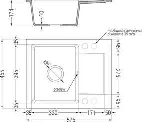 Mexen Enzo, granitový dřez 576x465x174 mm, 1-komorový, černá se zlatým sifonem, 6506571005-77-G