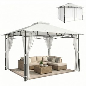 Outsunny pergola 3,6 × 3,0 m — voděodolný kovový zahradní pavilon s moskytiérou, dvojitou střechou, sloupky s dekorem dřeva, černá | Aosom