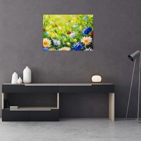Skleněný obraz rozkvetlé louky, olejomalba (70x50 cm)