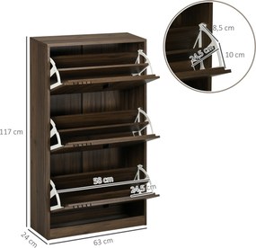HOMCOM Skříň na boty se 3 dvířky, 18 párů, 3 oddělení, velká kapacita pro předsíň, chodbu, obývací pokoj, 63 x 24 x 117 cm, Tmavý ořech