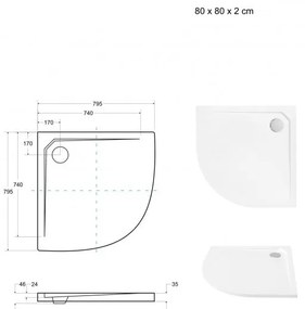 BESCO Čtvrtkruhová sprchová vanička ASCO Rozměr A - 80 cm, Rozměr B - 80 cm - VANKASCO80