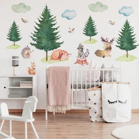 Gario Dětská nálepka na zeď Forest team - obláčky, zvířátka a stromy
