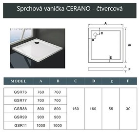 CERANO - Sprchová vanička z litého mramoru čtvercová Páto - bílá matná - 80x80 cm