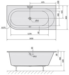 Polysan ASTRA R SLIM asymetrická vana 165x80x48cm, bílá 34611S