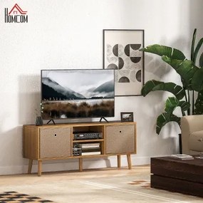 HOMCOM TV nábytek pro televizory až 127 cm se 2 látkovými zásuvkami a otevřenými přihrádkami, dřevo a světle hnědá