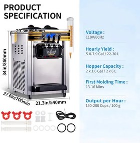 Komerční výrobník zmrzliny, výtěžnost 22-30 l/h, 2350 W