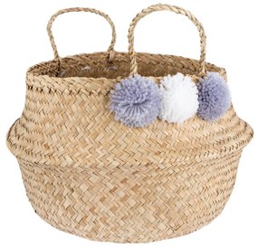 Koš Seagrass Grey Pom Pom, šedá barva, bílá barva, přírodní barva, proutí