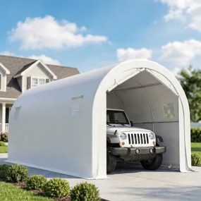 Outsunny venkovní garáž pro auto 3x6 m, vodotěsná, s odolnou PE tkaninou, rám z pozinkovaného kovu, UPF 30+, bílá