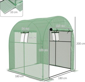 Zelený tunelový skleník Outsunny pro zahradu 1,8x1,8x2 m, UV odolný skleník se 2 rolovacími dveřmi a okny, ocel a PE