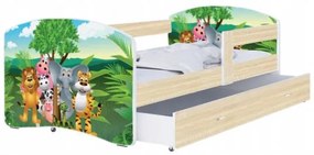 Dětská postel LUKI se šuplíkem DUB SONOMA 160x80 vzor ZVIRATKA JUNGLE