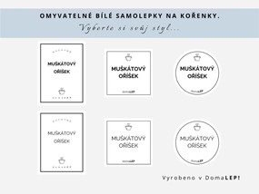 MUŠKÁTOVÝ OŘÍŠEK - omyvatelná samolepka na kořenky, výběr rozměrů Ø 5 cm / 5 x 5 cm / 6 x 8 cm | DomaLEP tvar: KOLEČKO, barva: BÍLÁ - ČERNÉ písmo, velikost: Ø 5 cm - tučné písmo