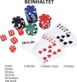 Pokerový kufřík HOMCOM s 200 žetony, 2 balíčky karet a 5 kostkami v hliníkovém kufříku, 29,5x20,5x6,5 cm, ideální pro herní večery
