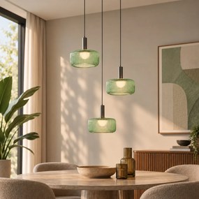 Designové závěsné svítidlo Fiera, kovově šedé se zeleným sklem, 3-světelné, s LED a 3-stupňovým stmíváním