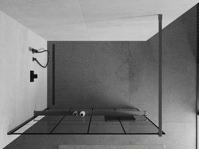 Mexen Kioto+, sprchová zástěna Walk-In s poličkou a věšákem 130 x 200 cm, 8mm čiré sklo černý vzor, ​​grafitový profil, 800-130-121-66-77
