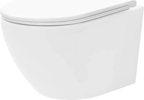 Rea Carlo Mini, závěsná záchodová mísa Tornado Rimless 485x365x350 mm + WC sedátko, bílá lesklá, REA-C8770