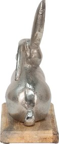Dekorace stříbrný kovový králík na dřevěném podstavci - 21*11*28 cm