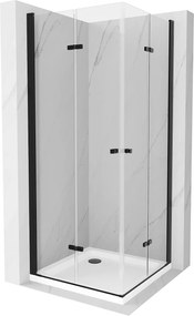 Mexen Lima Duo, sprchový kout s 2-křídlými skládacími dveřmi 80 (dveře) x 80 (dveře) cm, 6mm čiré sklo, černý profil + slim sprchová vanička 5cm bílá s černým sifonem, 856-080-080-70-02