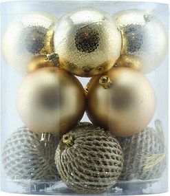 Sada vánočních ozdob zlatá 8 cm plastové baňky, 4× vrásková, 4× matná, 4× glitter, balení 16 ks