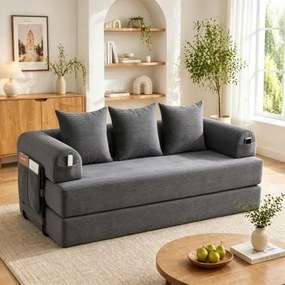 Aosom Skládací kompresní pohovka s pevným kovovým rámem, boční kapsy plus 3 polštáře, 200D x 94Š x 67V cm, tmavě šedá