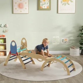 AIYAPLAY 8v1 Montessori dřevěný lezecký trojúhelník, raketový motiv, s obloukem a rampou pro děti 18-48 měsíců, modrá
