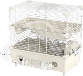 Kotec pro křečky PawHut se 2 patry a 3 dveřmi s kolem, podestýlkou a hracími trubicemi, ocel, PS a PP, 44,5x28x44 cm, krémový a bílý