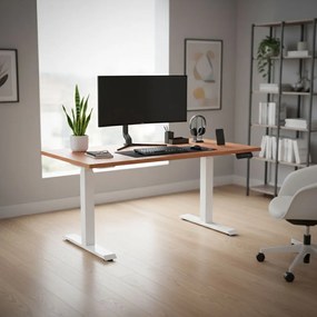 Výškově nastavitelný stůl OfficeTech C, 140 x 80 cm, bílá podnož, třešeň